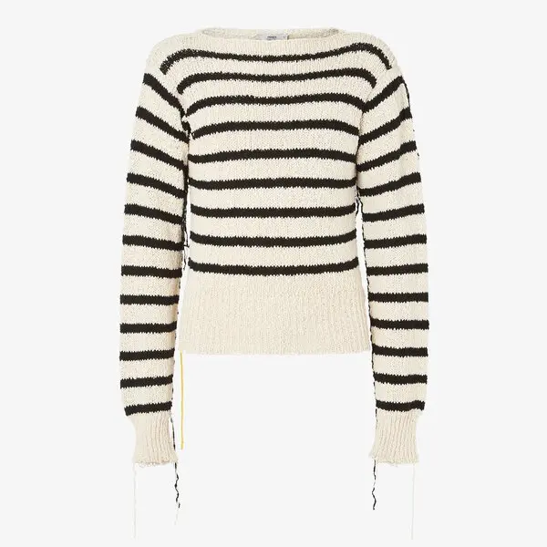 Fendi Striped Cotton Yarn Jumper With Frayed Edges And Contrast Stitching