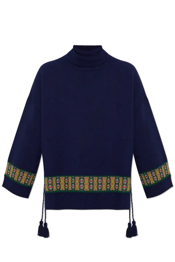 Etro Turtleneck With Fringes On The Sides - Navy Blue