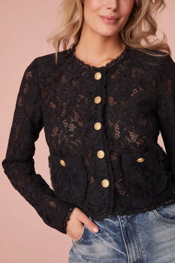 LoveShackFancy Richard Sheer Lace Jacket - Black