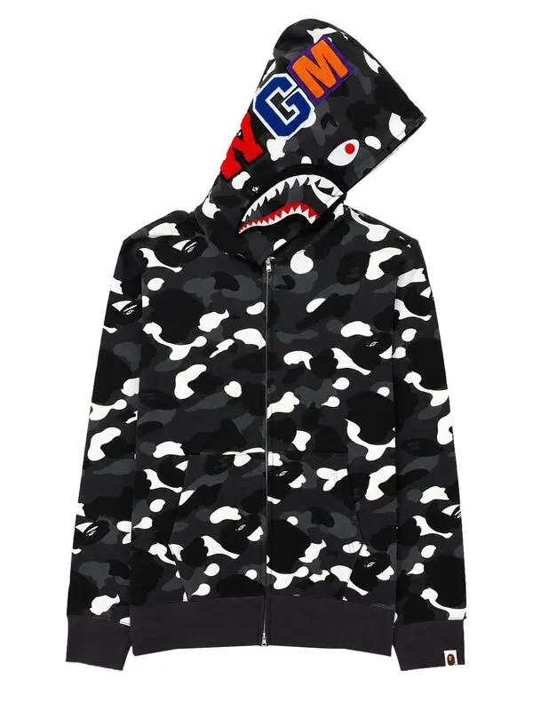A BATHING APE Felpa "shark" Con Zip E Cappuccio - Black