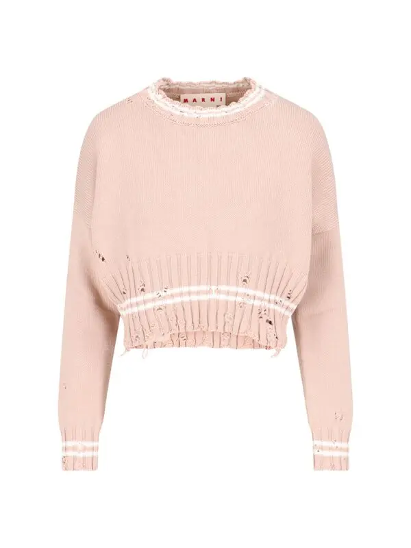 Marni Ribbed Distressed Cotton Sweater With Contrast Trim - Pink