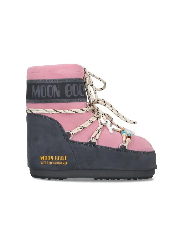 Moon Boot Suede Lace-up Winter Boots With Rubber Sole - Pink
