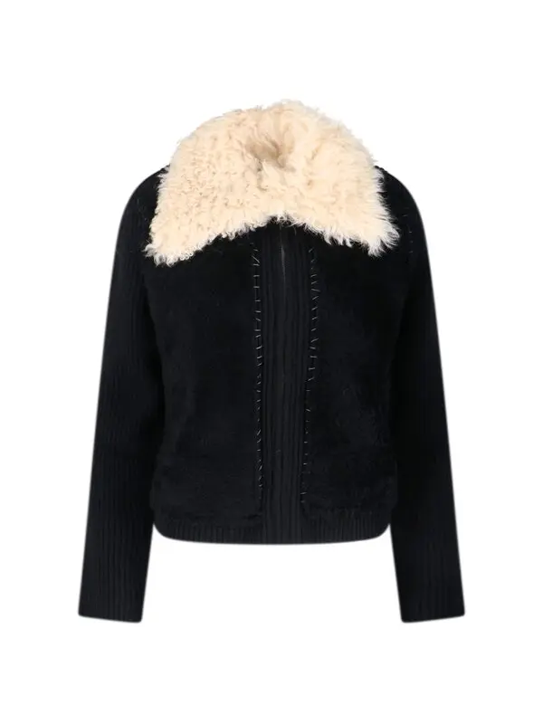 Marni Virgin Wool Sweater With Lamb Fur Trim - Black