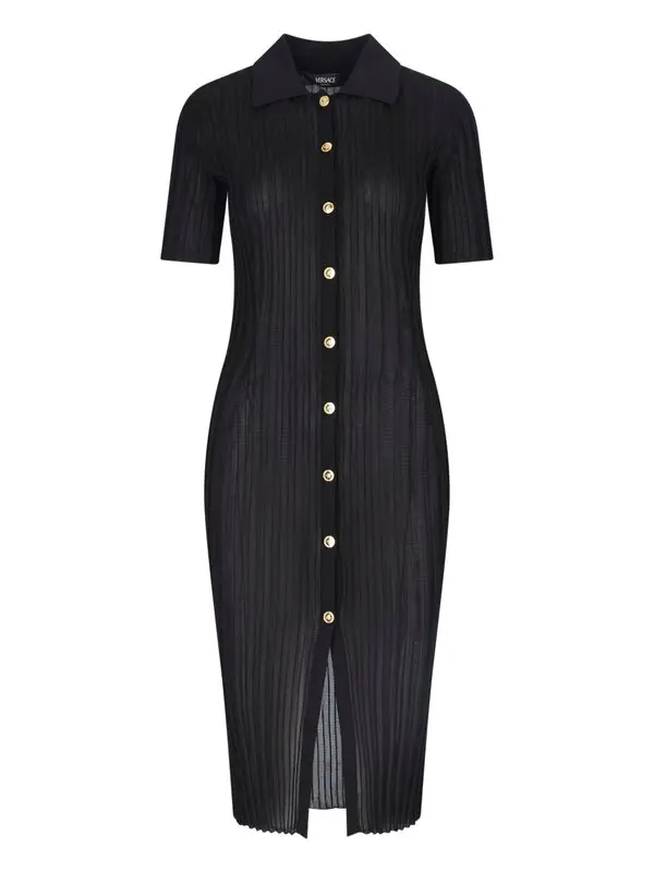 Versace Button-up Ribbed Midi Dress With Sculpted Trim - Black