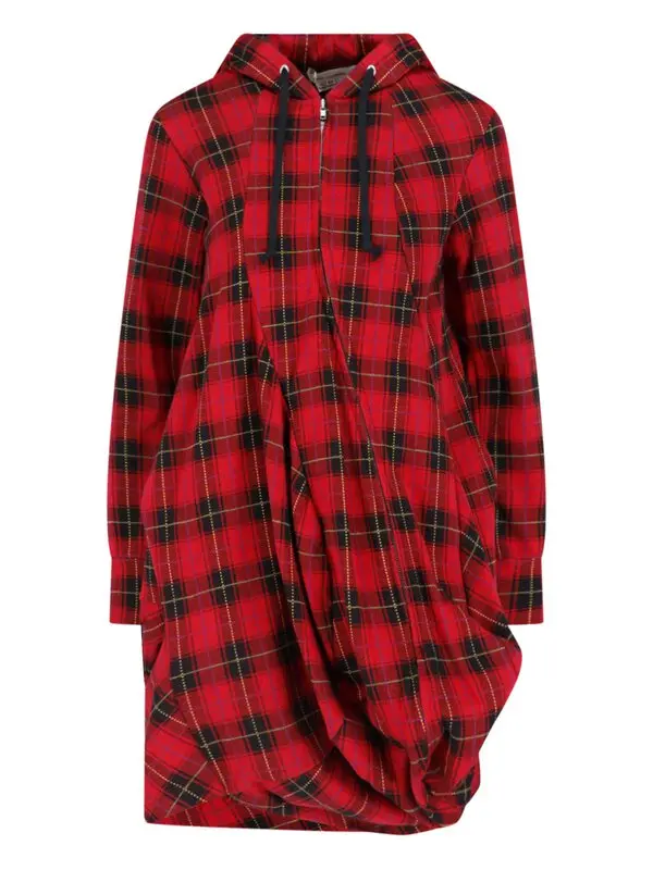 Comme Des Garçons Plaid Hooded Long Sleeve Dress - Red