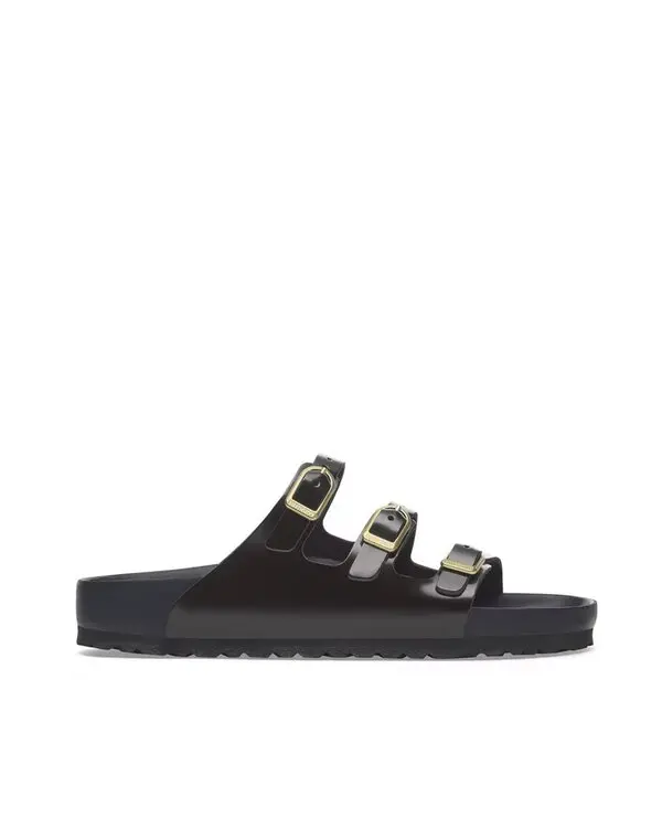 BIRKENSTOCK Triple Strap Buckle Slide Sandals - Shine Black