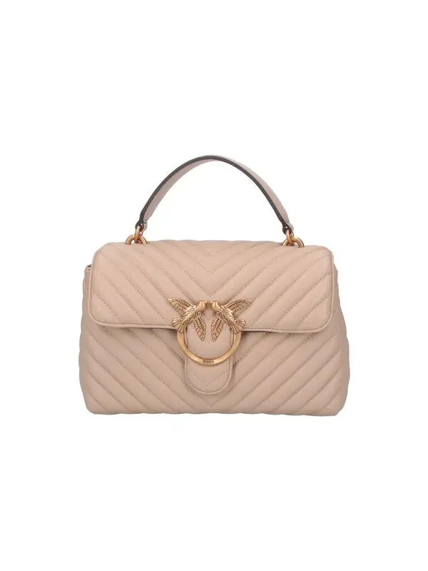 Pinko Leather Shoulder Bag With Chain Strap - Beige