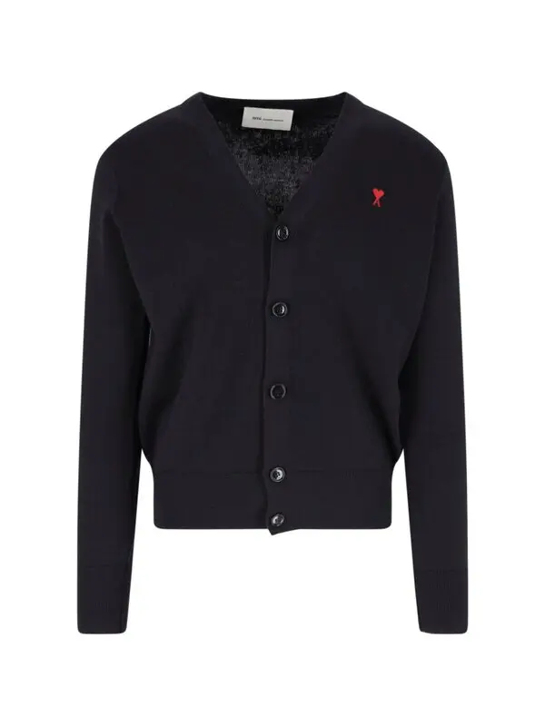 AMI Paris Embroidered 100% Wool Cardigan With Horn Buttons - Black