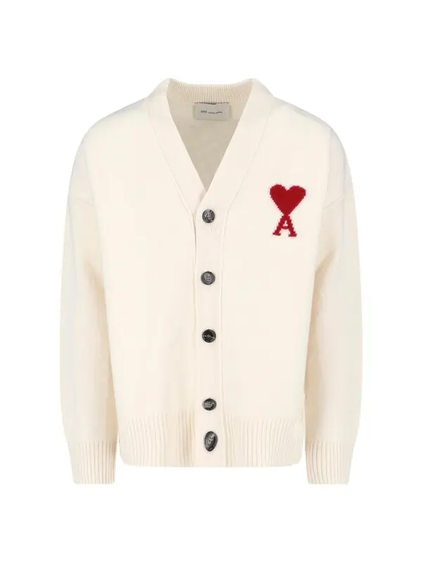 AMI Paris 100% Wool Buttoned Cardigan With Horn Buttons - Cream