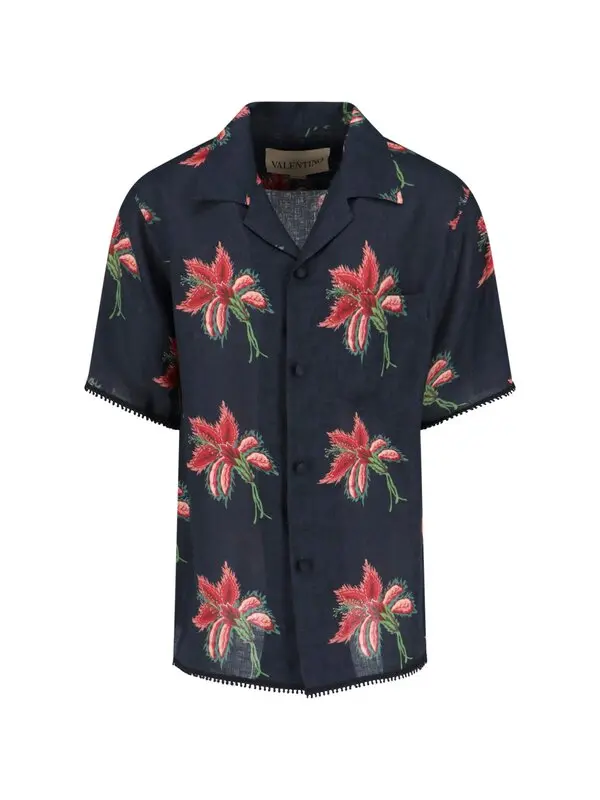 Valentino Garavani Floral Camp Collar Casual Shirt 73.5 Cm Length - Black