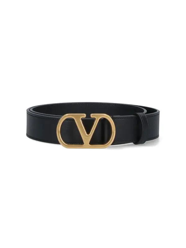 Valentino Garavani Leather Belt With Gold Tone V Logo Buckle - Black