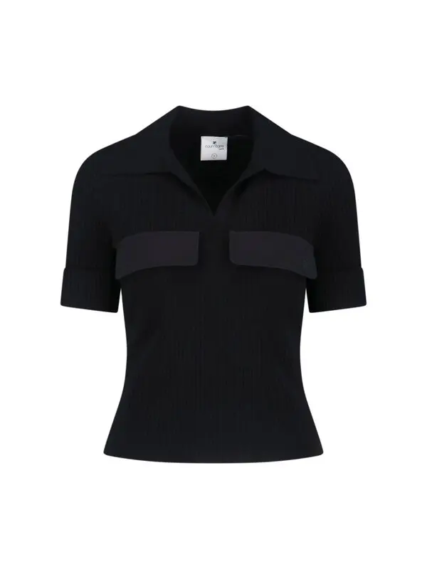 COURREGES Ribbed Knit Polo T-shirt With Pocket Detail - Black