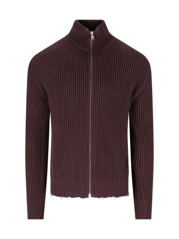 MAISON MARGIELA Ribbed Zip-up Mock Neck Cardigan - Brown