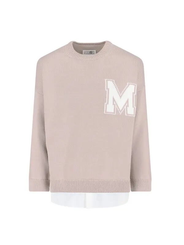 MAISON MARGIELA Logo Intarsia Layered Crewneck Sweater - Beige