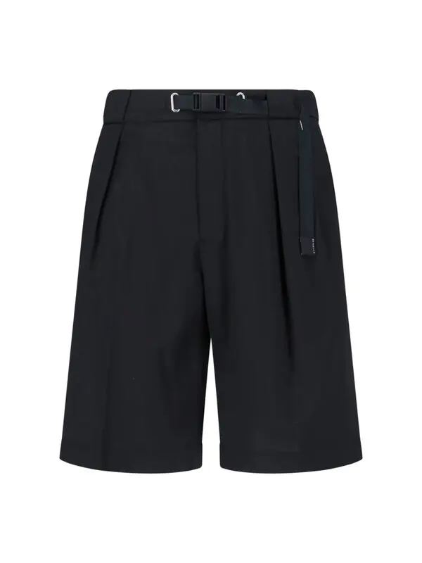 WHITE SAND Tailored Textured Wool-blend Stretch Trousers With Belted Waist - Black
