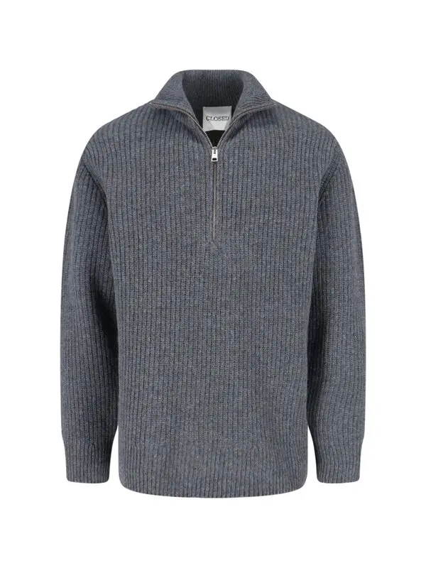 Closed Half-zip Ribbed Knit Sweater - Grey