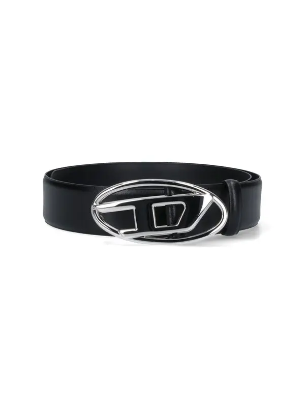 DIESEL® Leather Belt With Oval Logo Buckle - Black