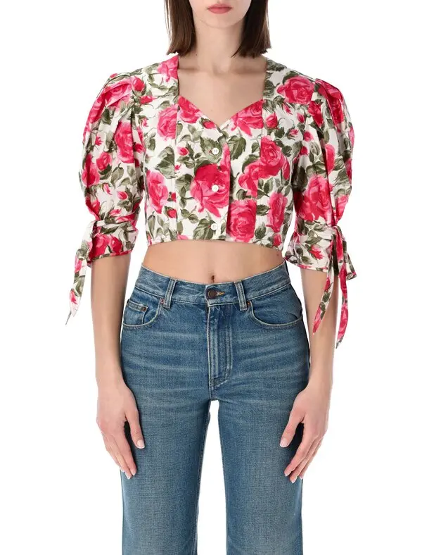 Chloé Puff Sleeve V-neck Cropped Cotton Poplin Top With Floral Print - Pink