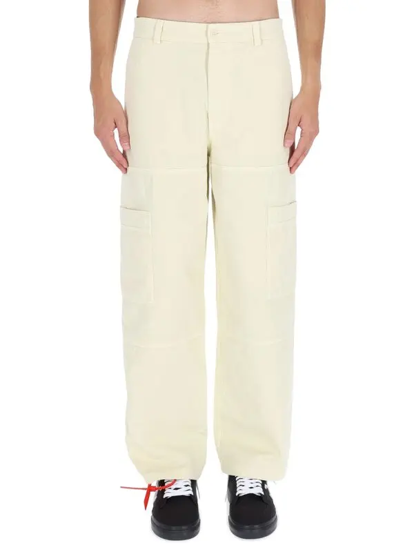Off-White Cotton Blend Drawstring Waist Shorts - Beige