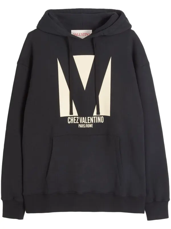 Valentino Garavani Cotton Drawstring Hood Chez Print Hoodie - Black