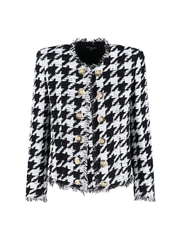 Balmain Houndstooth Fringe Trim Tweed Jacket