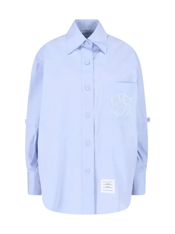 Thom Browne 100% Cotton Classic Collar Button-up Shirt With Embroidered Pocket - Blue