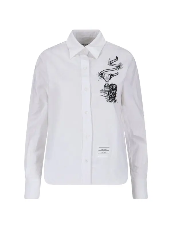 Thom Browne Trophy & Lion" Embroidered Cotton Shirt - White