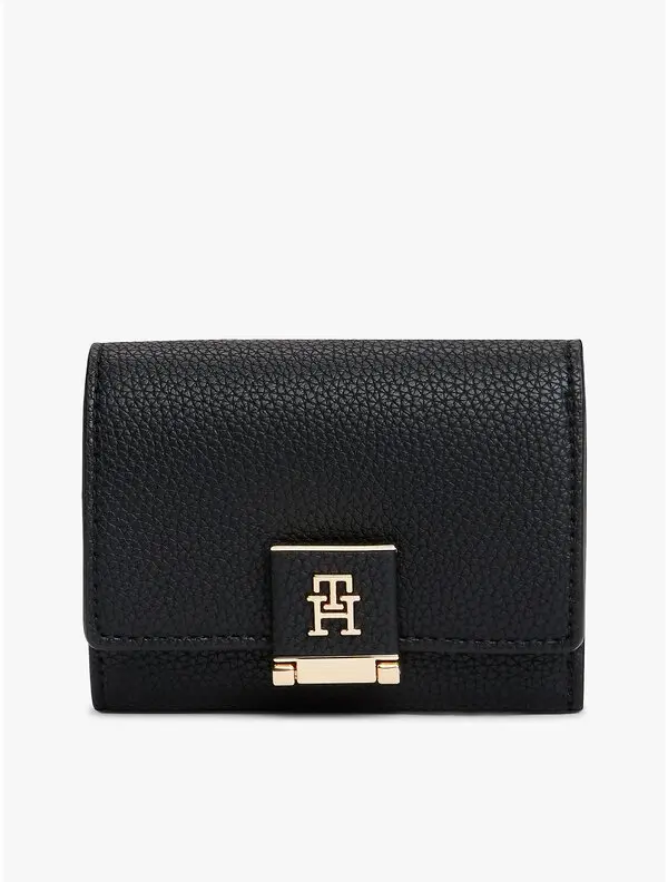 Tommy Hilfiger Monogram Clasp Pebbled Trifold Wallet - Black