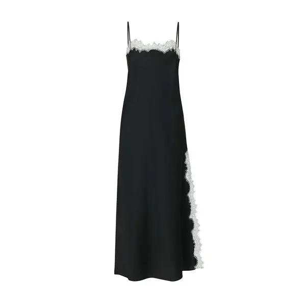 AVENUE 8 Lace Detailed Straight Neck Midi Dress With Slit - Black
