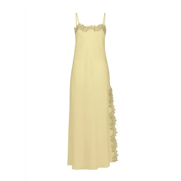 AVENUE 8 Lace Detailed Straight Neck Midi Dress With Slit Buttermilk - Yellow