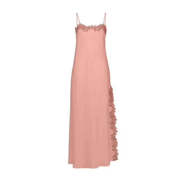 AVENUE 8 Lace Detailed Straight Neck Midi Dress With Slit Malibu Peach - Pink