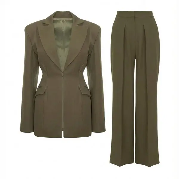 BLUZAT Khaki Suit With Balloon Blazer And Wide Leg Trousers - Green