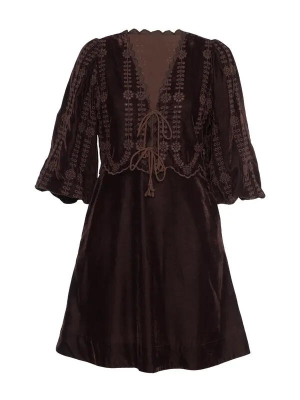 ROSE & NANCY Drew Chocolate Embroidered Velvet Tie Front Dress
