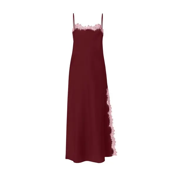 AVENUE 8 Lace Detailed Straight Neck Midi Dress With Slit Burgundy - Red