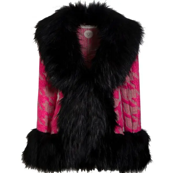 THE EXTREME COLLECTION Black / Pink Fur-effect Houndstooth Print Coat Paule
