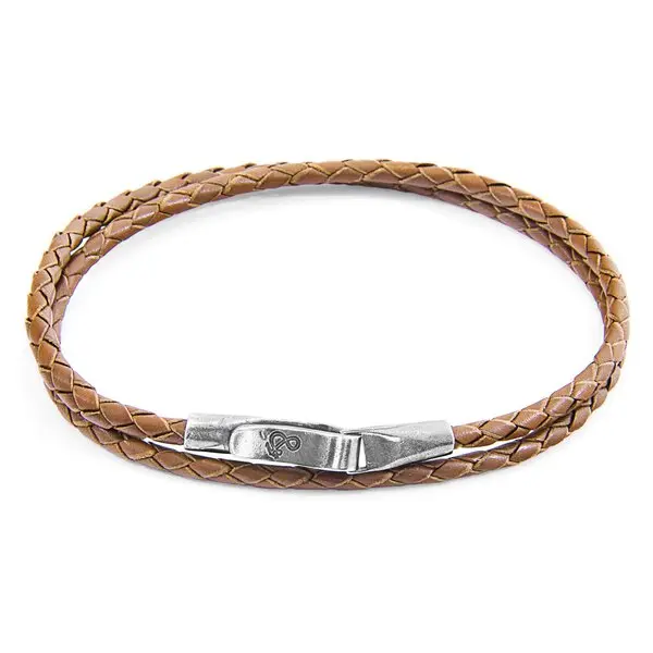 ANCHOR & CREW Brown / Silver Light Brown Liverpool Silver & Braided Leather Bracelet