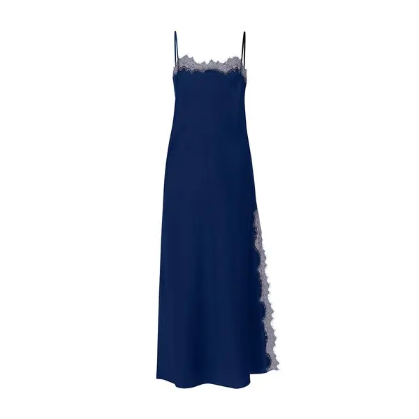 AVENUE 8 Lace Detailed Straight Neck Midi Dress With Slit Navy - Blue
