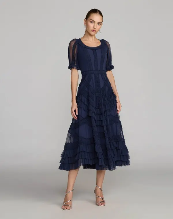 Mac Duggal Petite Short Sleeve Micro Ruffle Midi Dress