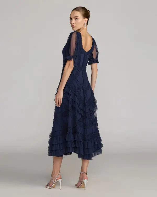Mac Duggal Petite Short Sleeve Micro Ruffle Midi Dress