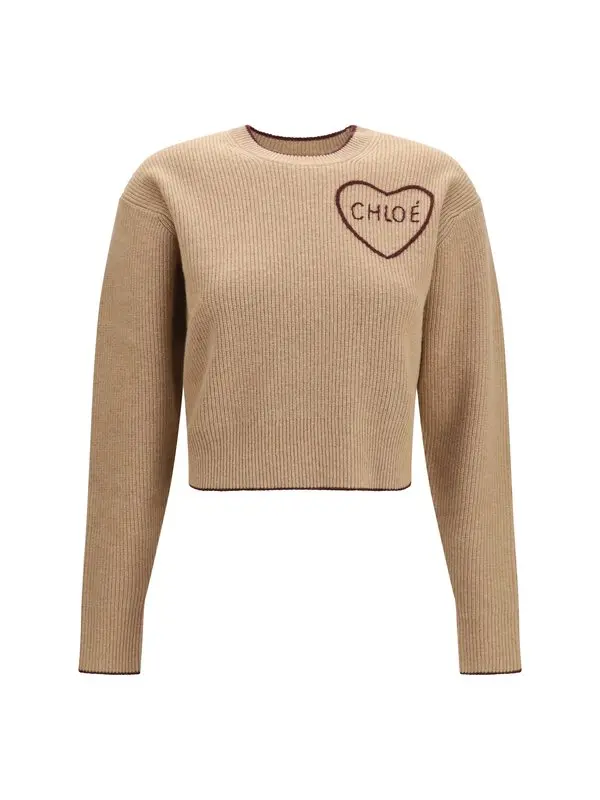 Chloé Heart Logo Ribbed Cropped Sweater - Cream
