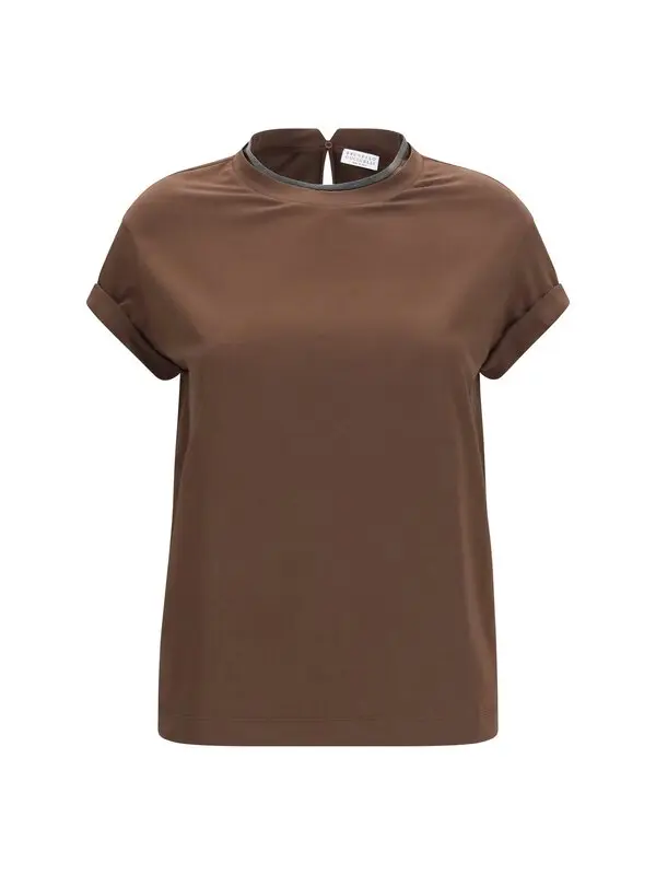 Brunello Cucinelli Cotton T-shirt With Monili Embellishment - Brown