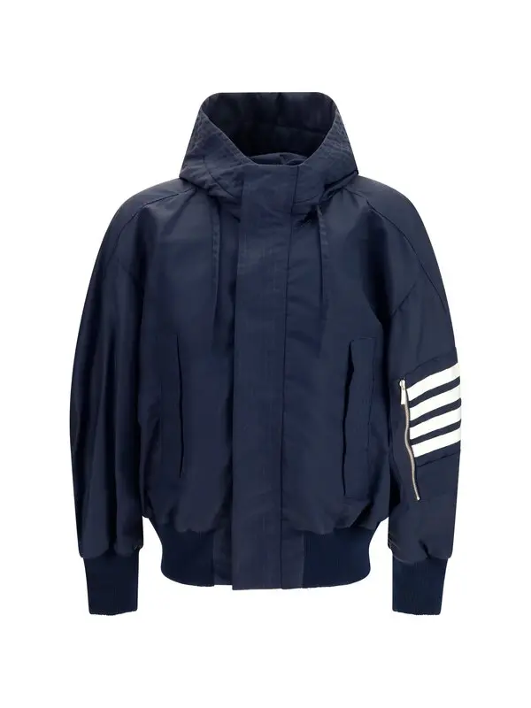 Thom Browne Technical Twill Jacket With Drawstring Hood And Signature Stripes