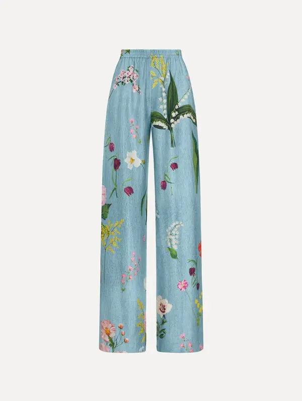 Oscar De La Renta Mixed Botanical Silk Twill Pant - Blue