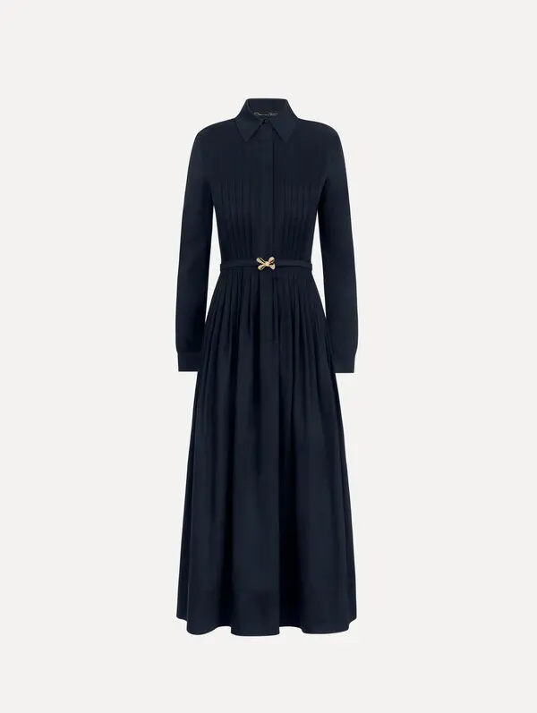 Oscar De La Renta Bow Belt Cotton Stretch Twill Dress - Navy
