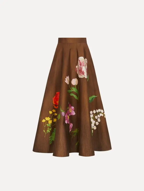 Oscar De La Renta Mixed Botanical Midi Skirt - Brown