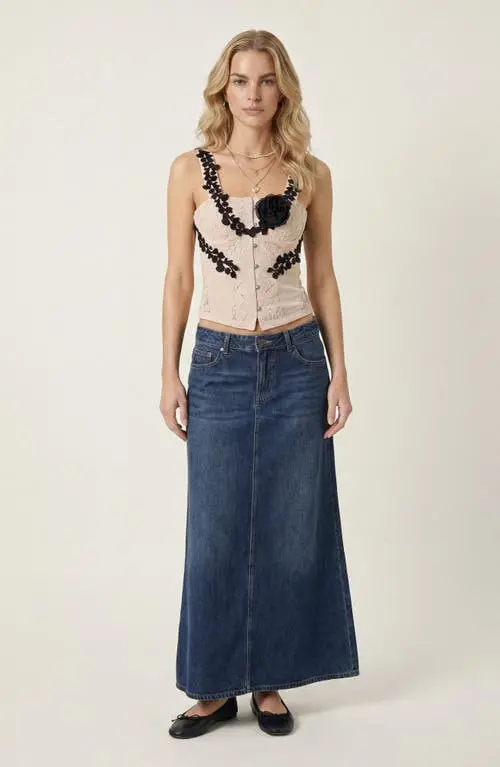 MODENAIRE Lace Panel Floral Strap Detail Button Front Corset Top