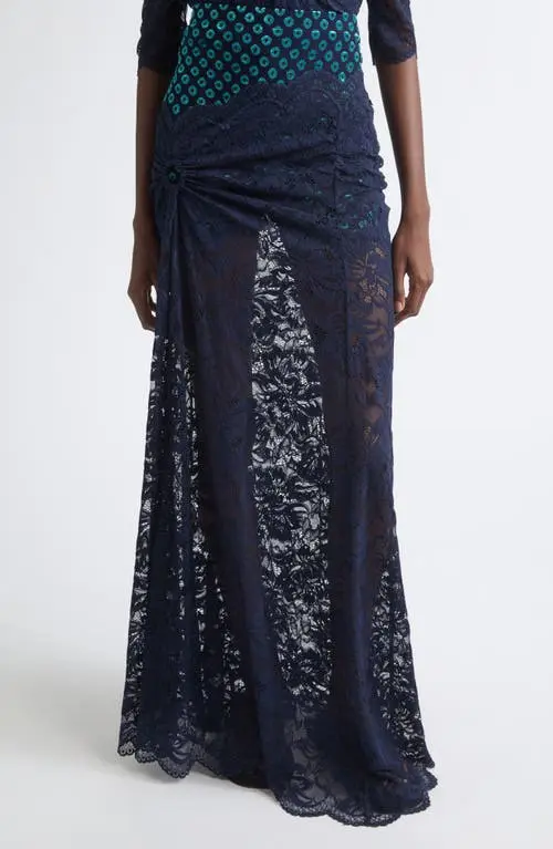 Rabanne Embroidered Ruched Stretch Lace Maxi Skirt - Deep Navy