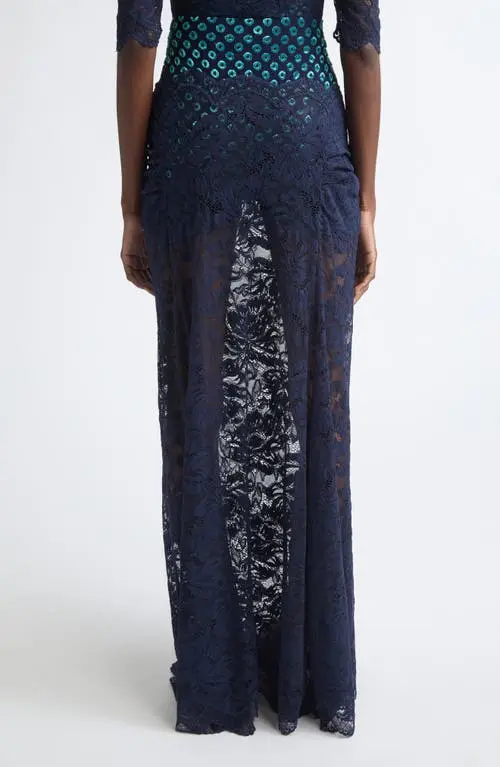 Rabanne Embroidered Ruched Stretch Lace Maxi Skirt - Deep Navy