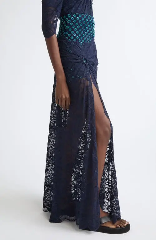 Rabanne Embroidered Ruched Stretch Lace Maxi Skirt - Deep Navy