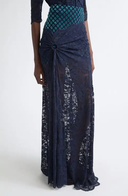Rabanne Embroidered Ruched Stretch Lace Maxi Skirt - Deep Navy
